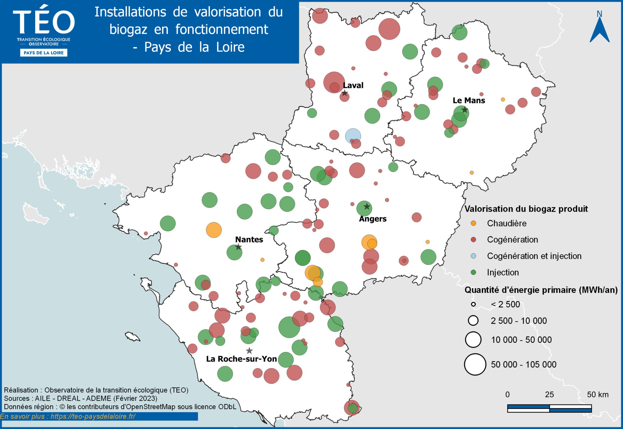 Installations de valorisation du biogaz en fonctionnement en Pays de la Loire en 2023 (données à ...